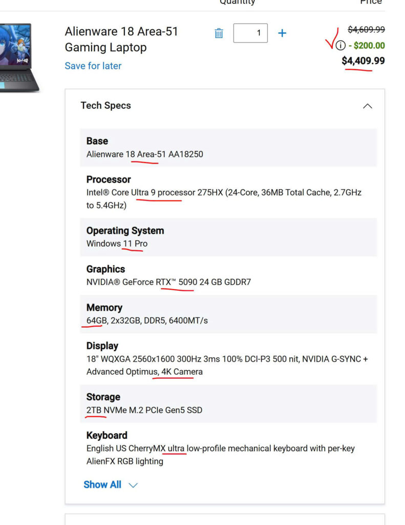 Alienware 18 Area-51/ Ultra 9 275HX/32GB/1TB/ RTX 5090 /QHD+