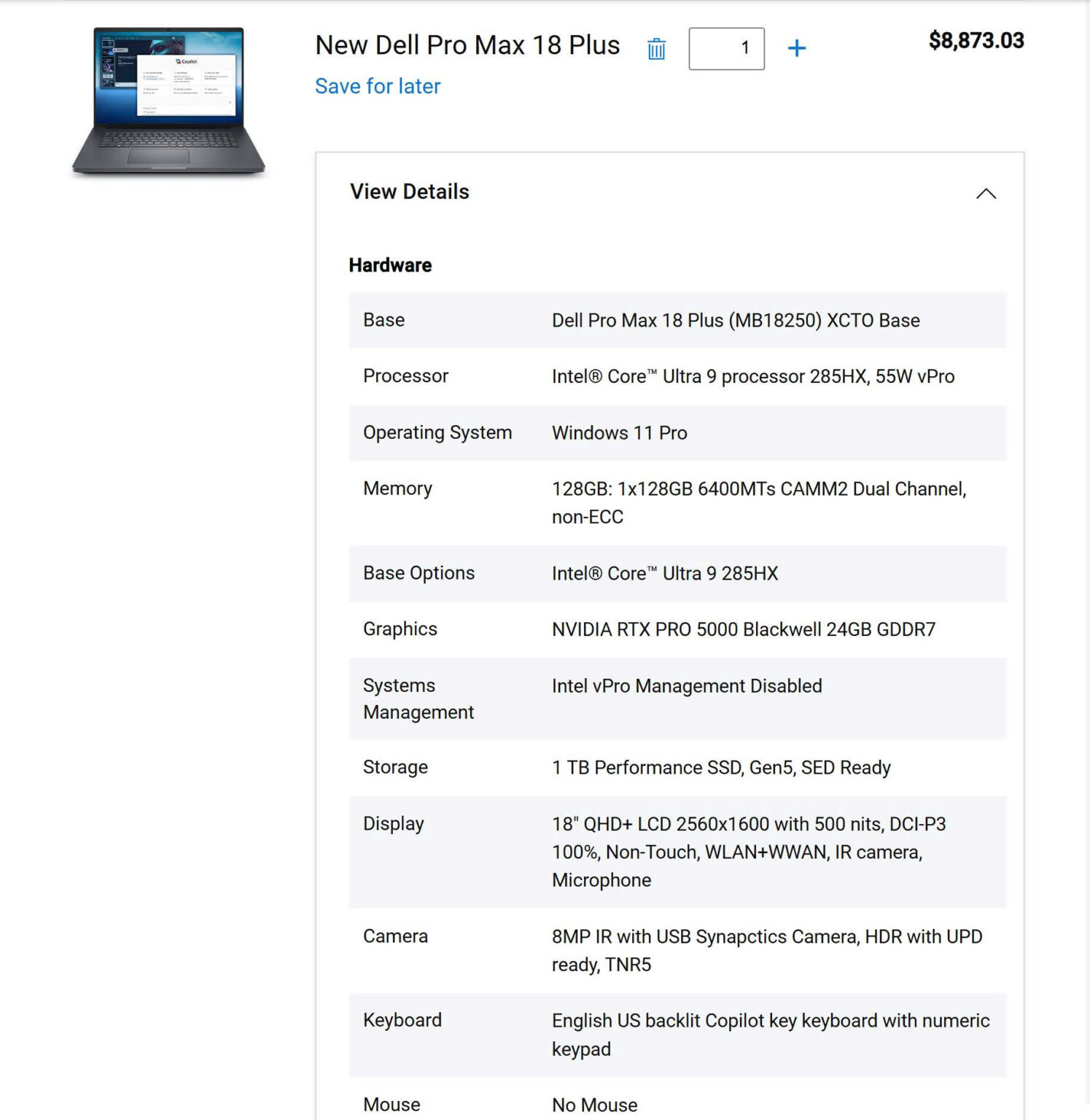 Dell Pro Max 16 Plus MB16250 Ultra 9 RTX PRO 2000 New U.S.A