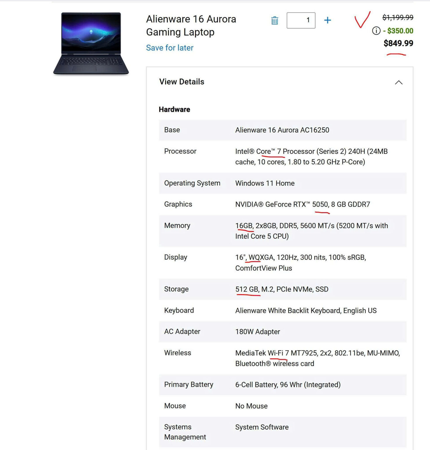 Alienware 16 Aurora AC16250 Core 7 - RTX 5050 - Nhập U.S.A